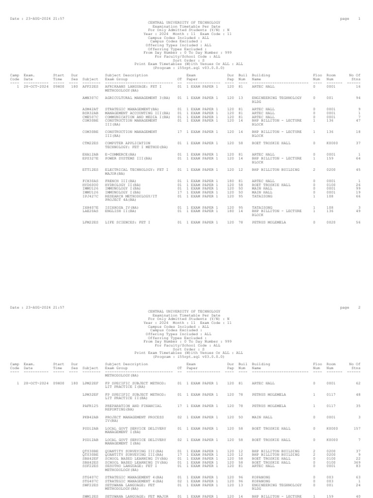 October 2024 Exam Timetable | PDF