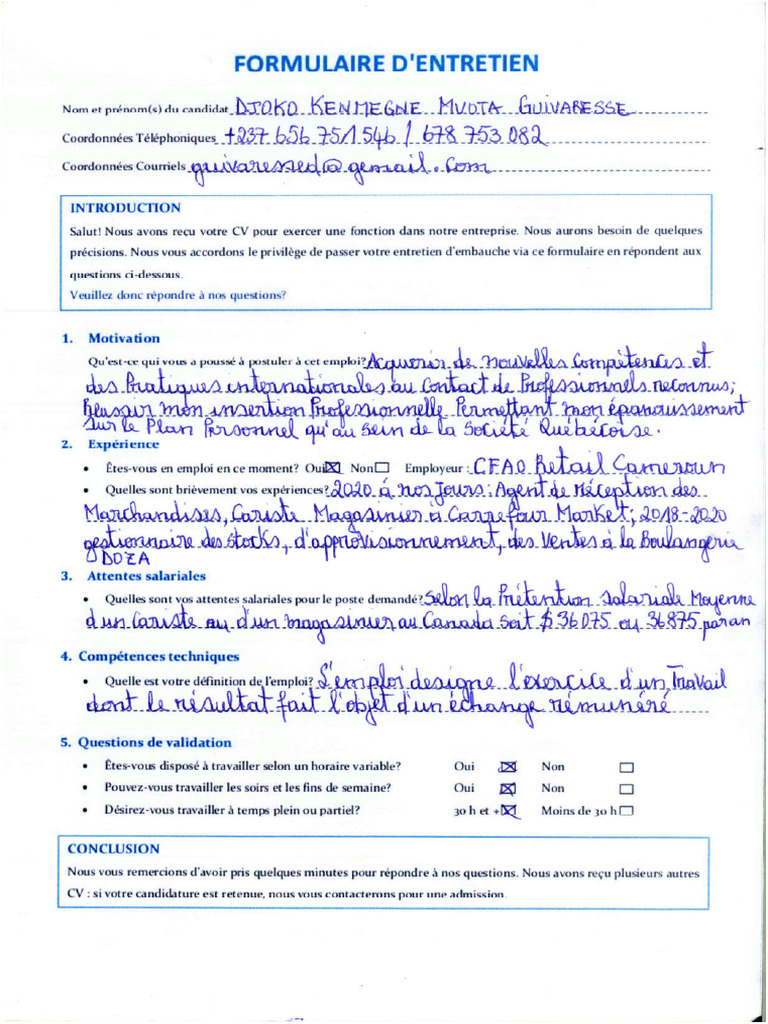 Formulaire D'entretien | PDF