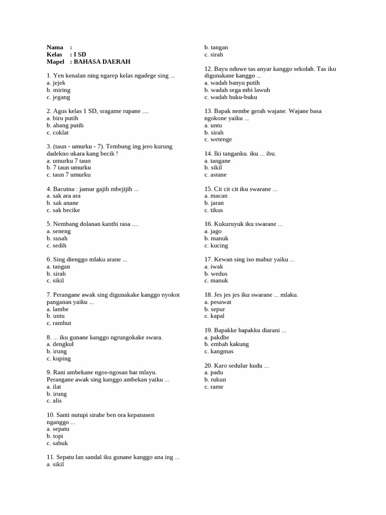 Uts Bahasa Daerah Kelas 1 | PDF