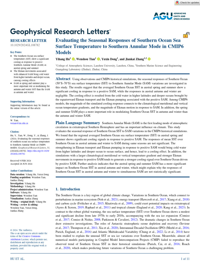 Geophysical Research Letters - 2024 - Hu - Evaluating The Seasonal ...