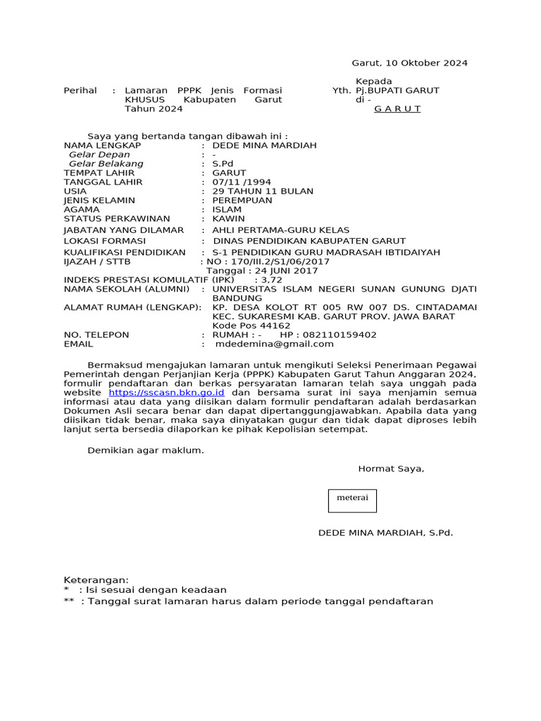 Surat lamaran DEDE MINA MARDIAH PPPK 2024 | PDF