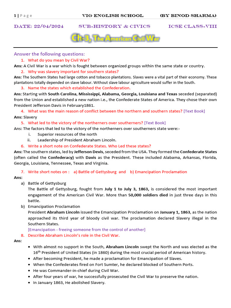 Icse STD 8 CH 3 The American Civil War Que Ans | PDF