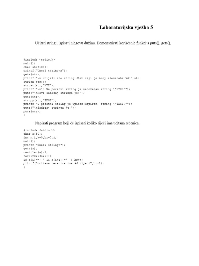 Programski Jezik C - Laboratorijska Vježba 5 | PDF