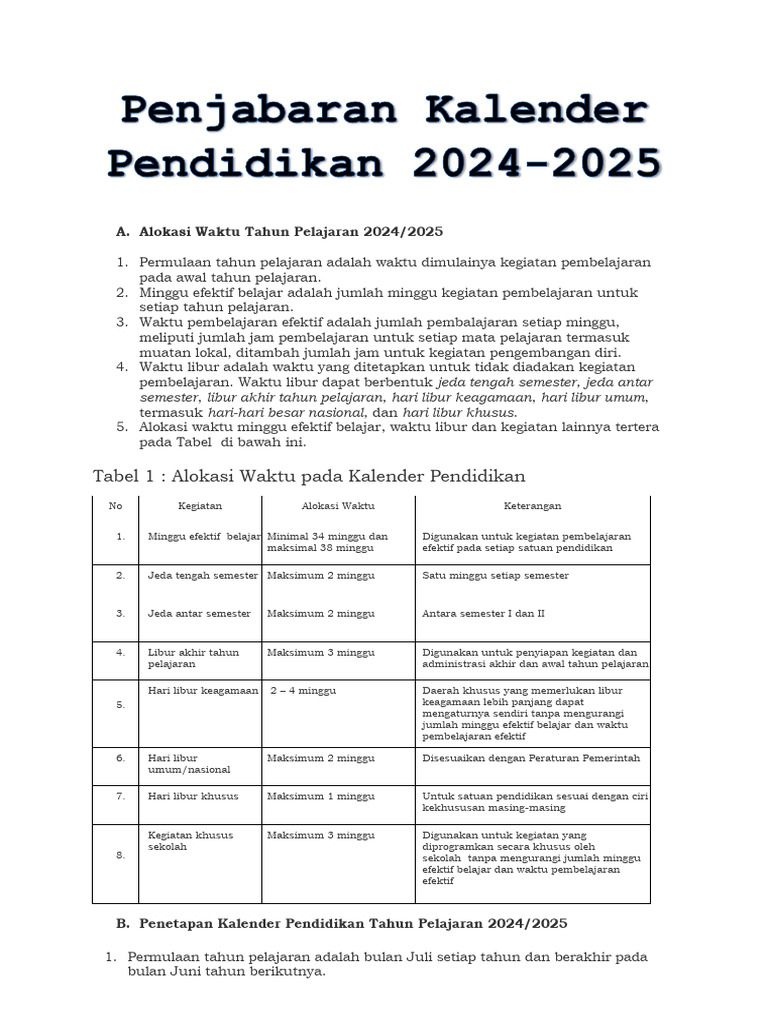 Penjabaran Kalender Pendidikan 2024 - 2025 | PDF