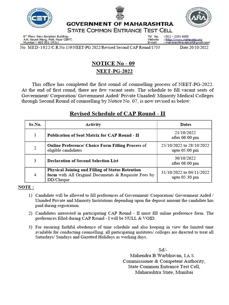 NEET-PG 2022 Second Round Notice | PDF