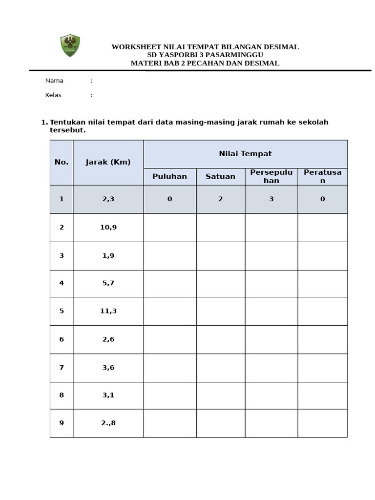 Worksheet Nilai Tempat Desimal - Bab 2 | PDF
