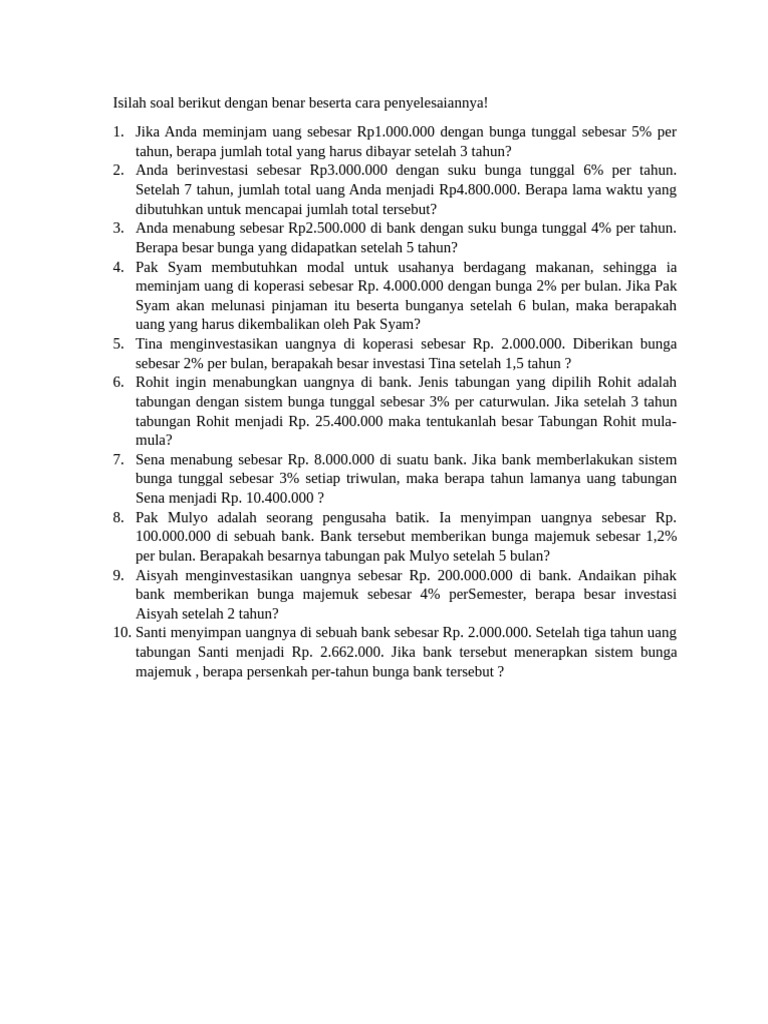 Soal Esay Bunga Tunggal Dan Bunga Majemuk | PDF