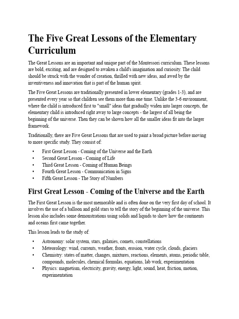 FIVE GREAT LESSONS MONTESSORI | PDF