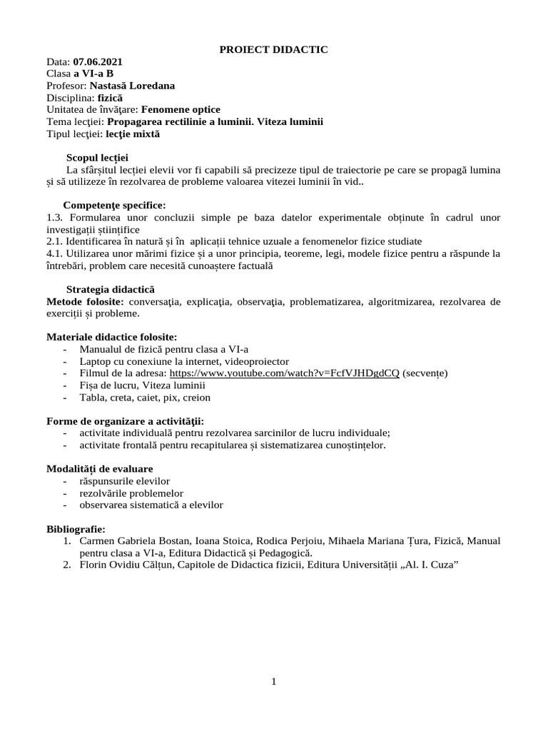 Proiect Didactic Propagarea Rectilinie A Luminii. Viteza Luminii | PDF