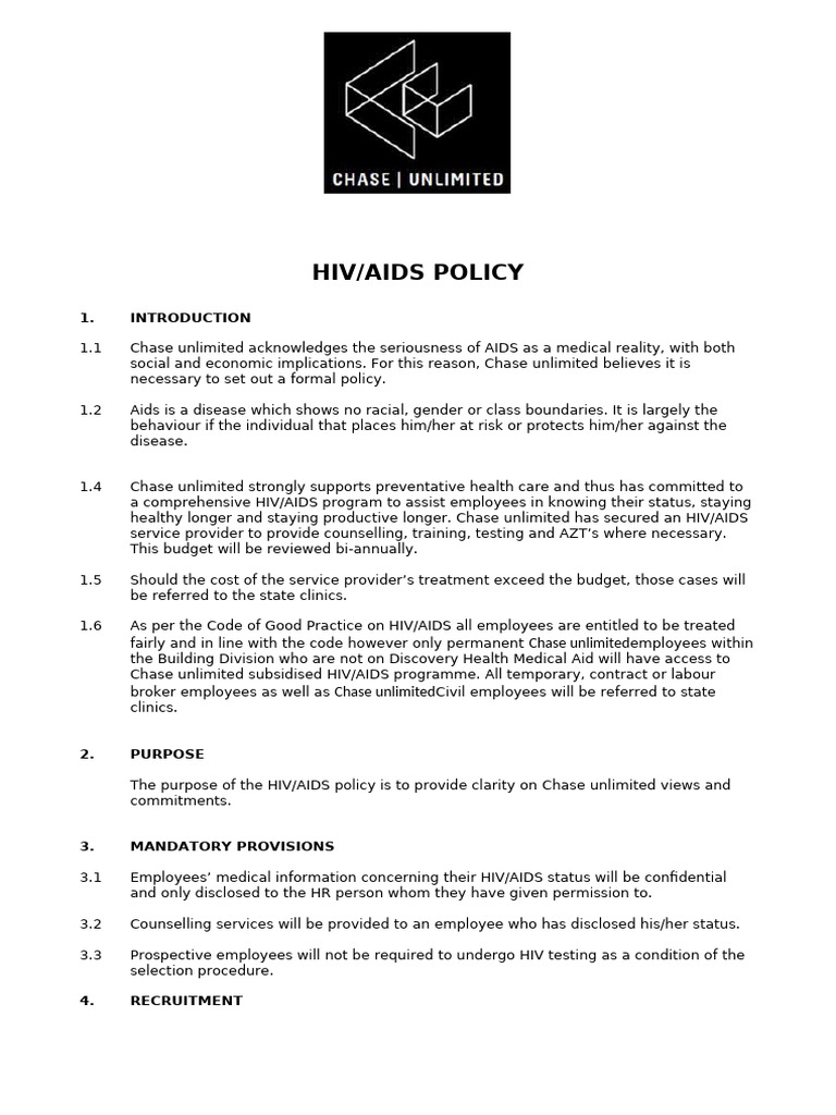 HIV and AIDS Policy Rev 001 | PDF