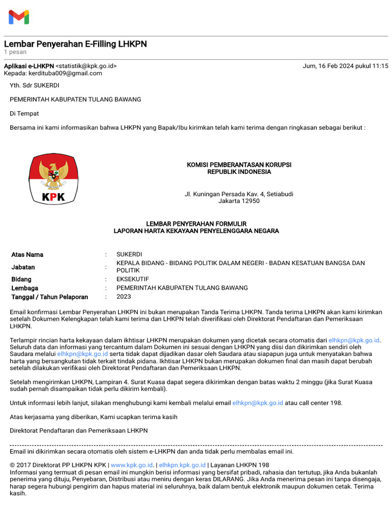 Gmail - Lembar Penyerahan E-Filling LHKPN | PDF