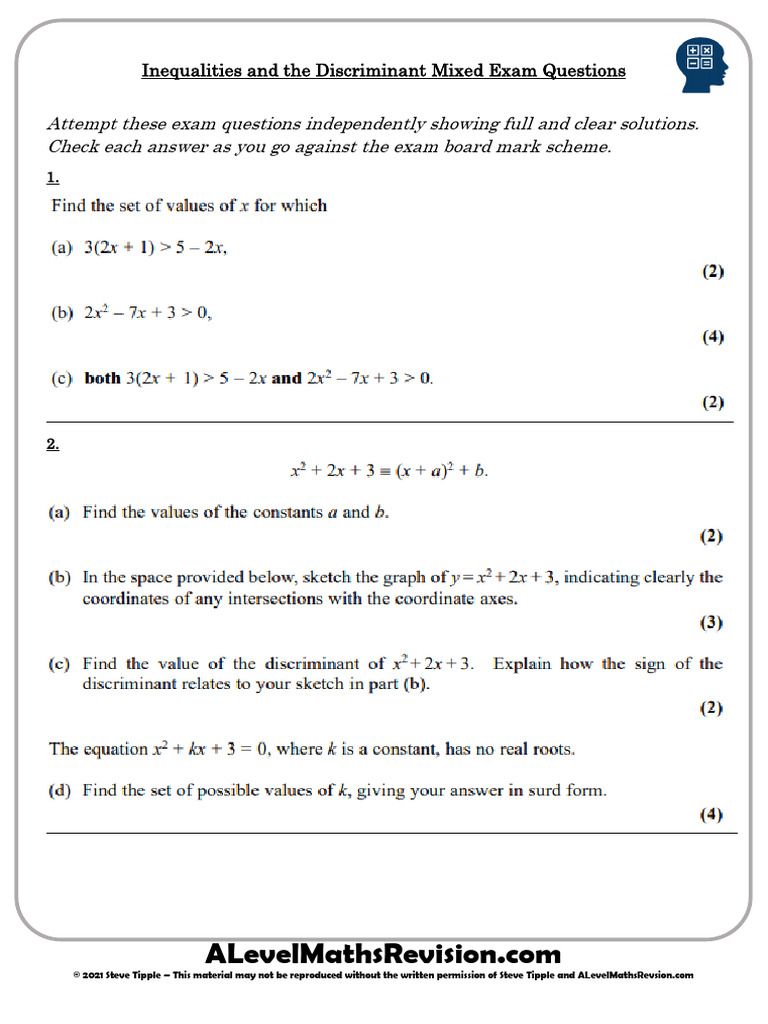 Inequalities and The Discriminant Exam Qs | PDF