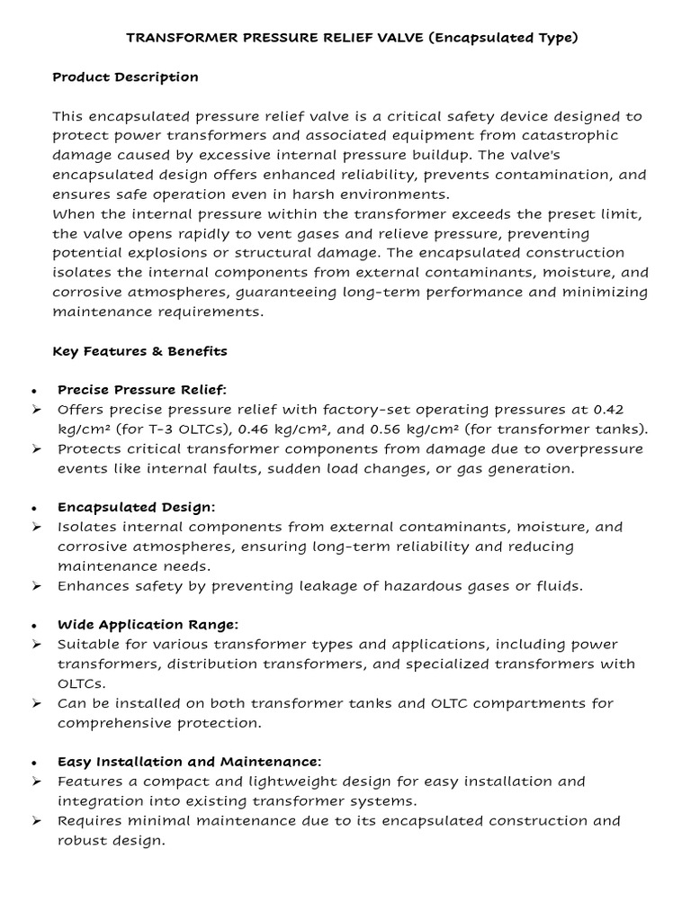 Transformer Pressure Relief Valve (Encapsulated Type) Product ...