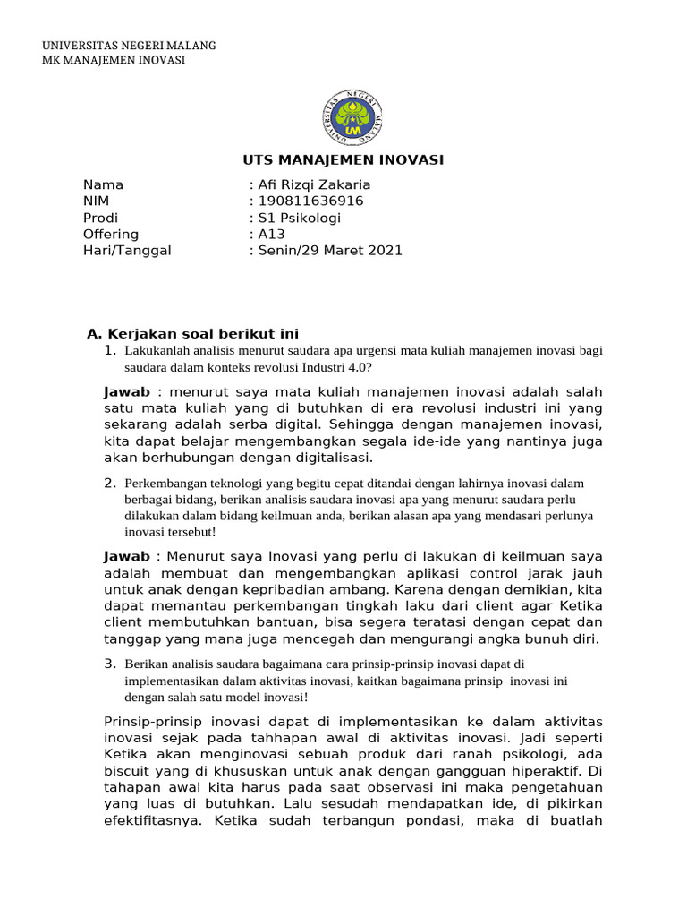 Soal UTS Manajemen Inovasi | PDF