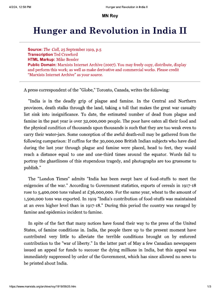 Hunger and Revolution in India II - M.N Roy | PDF