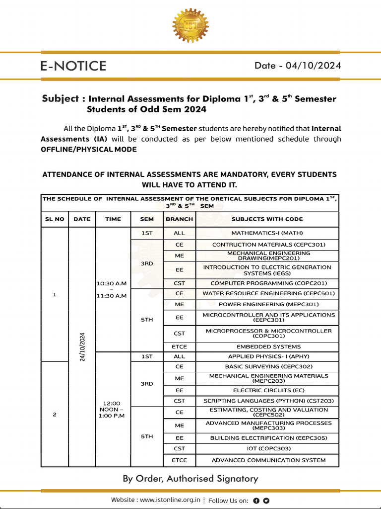 Diploma Internal Exam For 1st, 3rd & 5th Sem | PDF