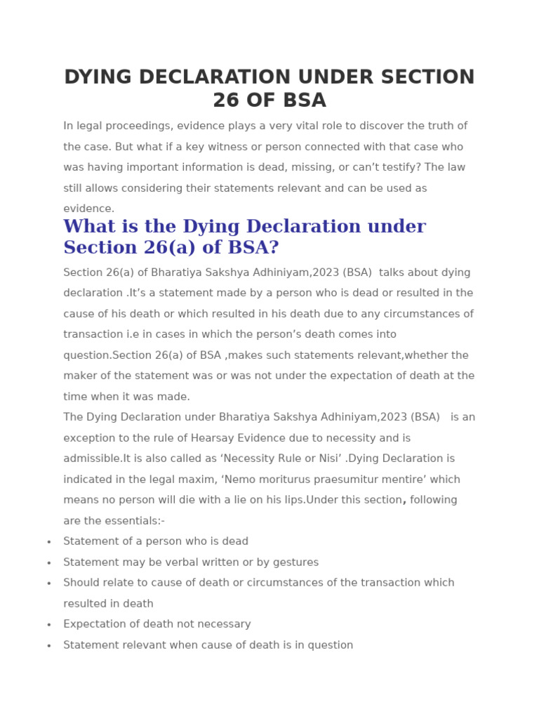 Dying Declaration Under Section 26 of Bsa | PDF