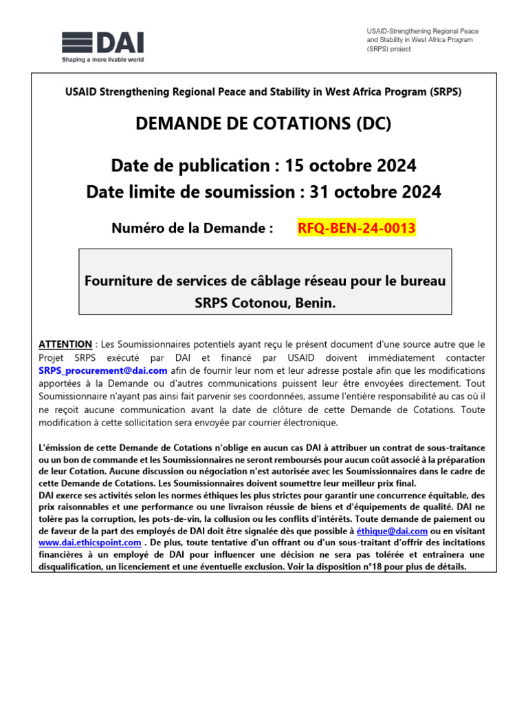 Demande de Cotations (DC) Date de Publication: 15 Octobre 2024 Date ...