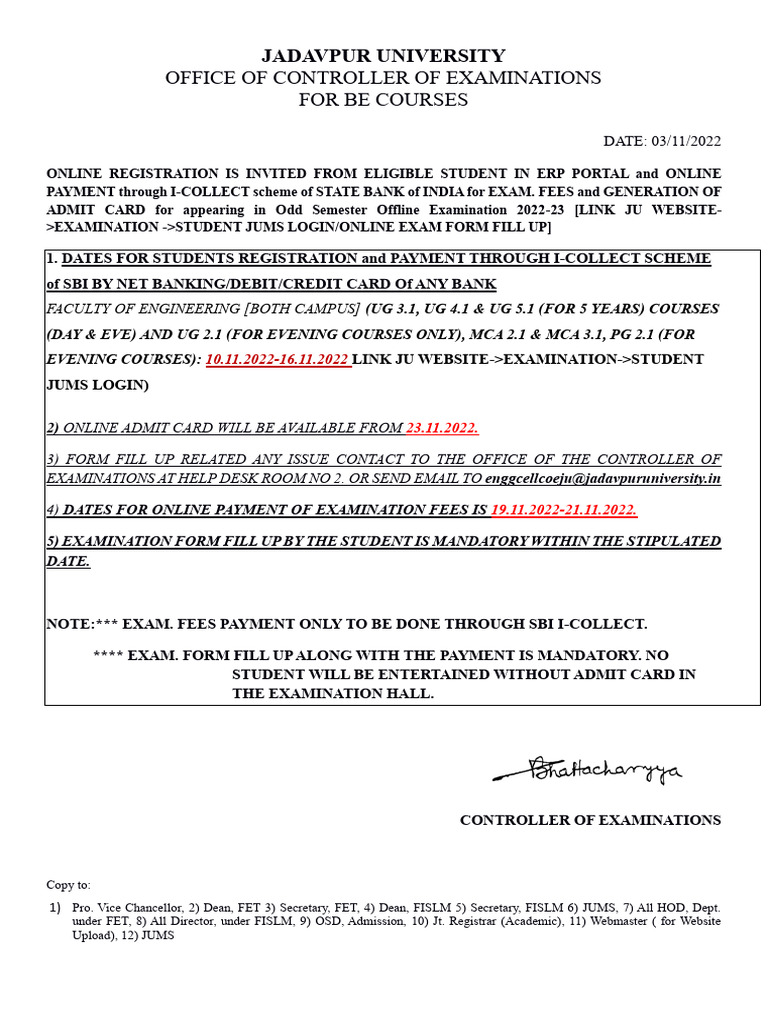 Office of Controller of Examinations For Be Courses: Jadavpur ...