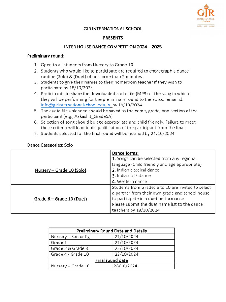 GJR School Dance Competition 2024-2025 | PDF