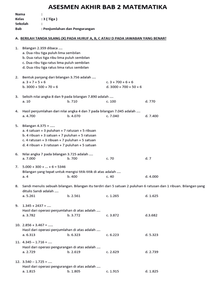 Asesmen Sumatif Matematika Kelas 3 SD Bab 2 Penjumlahan Dan Pengurangan | PDF