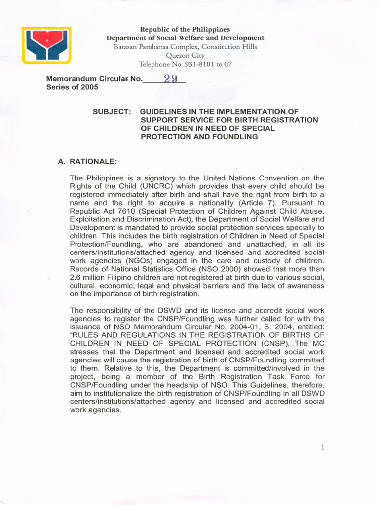 MC - 2005-029 DSWD Guidelines On Registration of Children in Need of ...