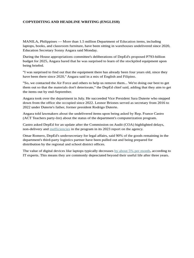 FACT SHEET-ELEMENTARY-COPYEDITING AND HEADLINE WRITING-District Schools ... FACT SHEET-ELEMENTARY-COPYEDITING AND HEADLINE WRITING-District Schools ...