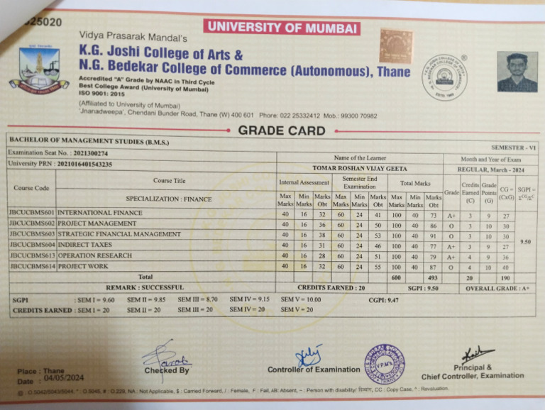 BMS Graduation Marksheet - Roshan Tomar | PDF