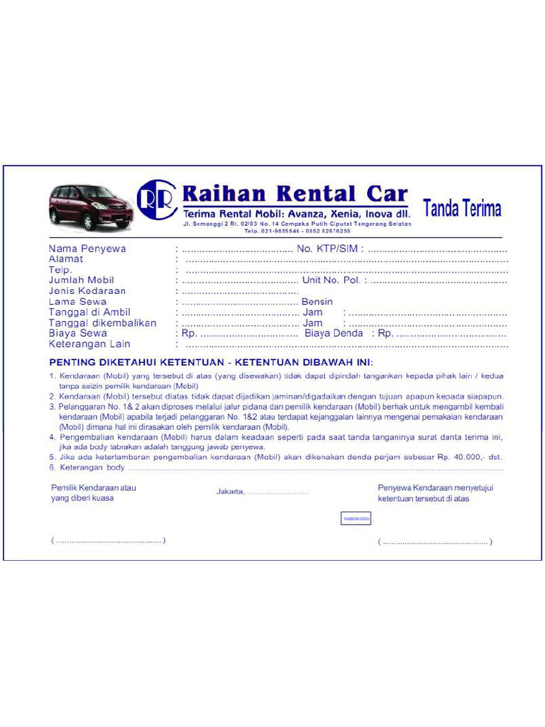 contoh bil rental mobil | PDF