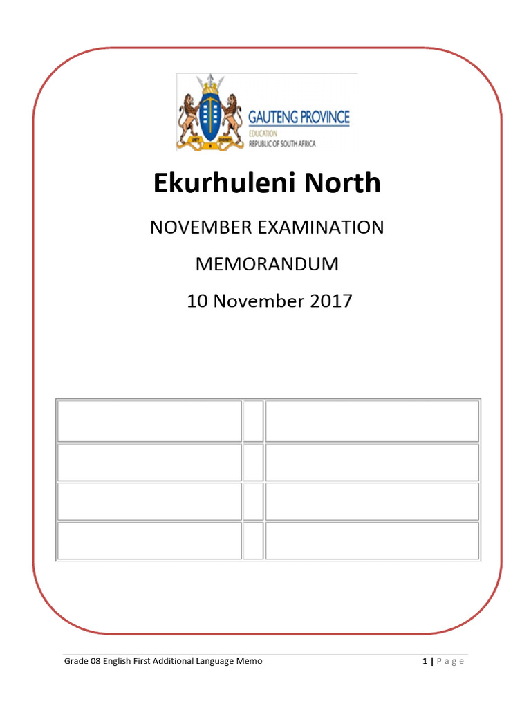 Grade 8 English FAL Paper 2 Memo November 2017 | PDF