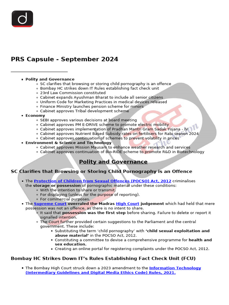 PRS Capsule - September 2024: Key Highlights of PRS | PDF