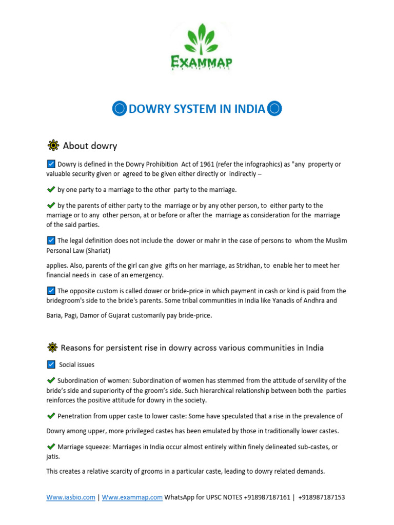 Dowry System in India Notes For UPSC IAS Exam | PDF