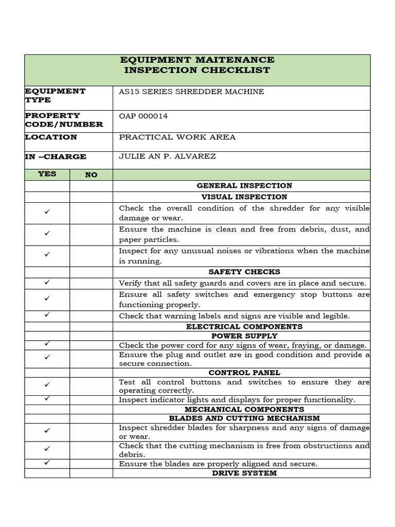 Alvarez Oap NC II Uc1 Lo3 MTF Equipment Maintenance Inspection ...