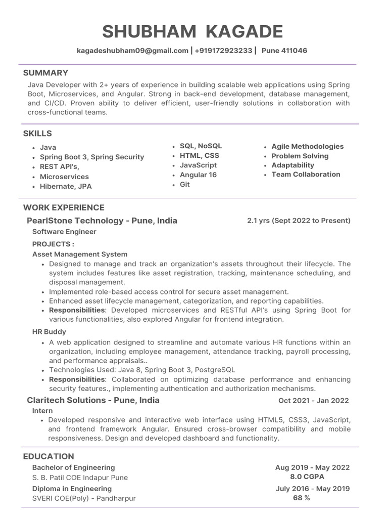 Shubhamkagade SE 2yrs Resume | PDF