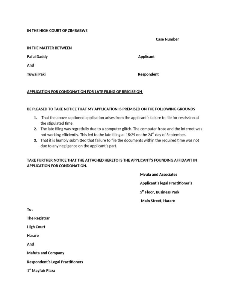 Application for Condonation in High Court | PDF