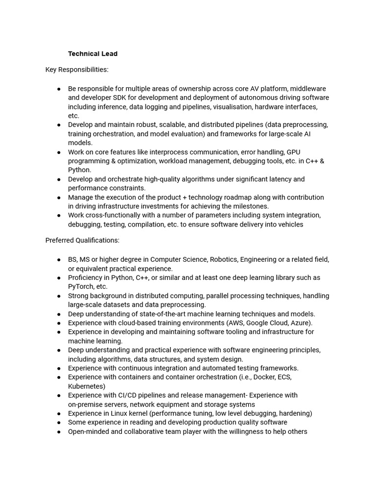 JD For Technical Lead AI, ML, DL - PyTorch, C++, Python | PDF