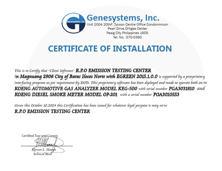 Certificate of Installation-Rpo | PDF