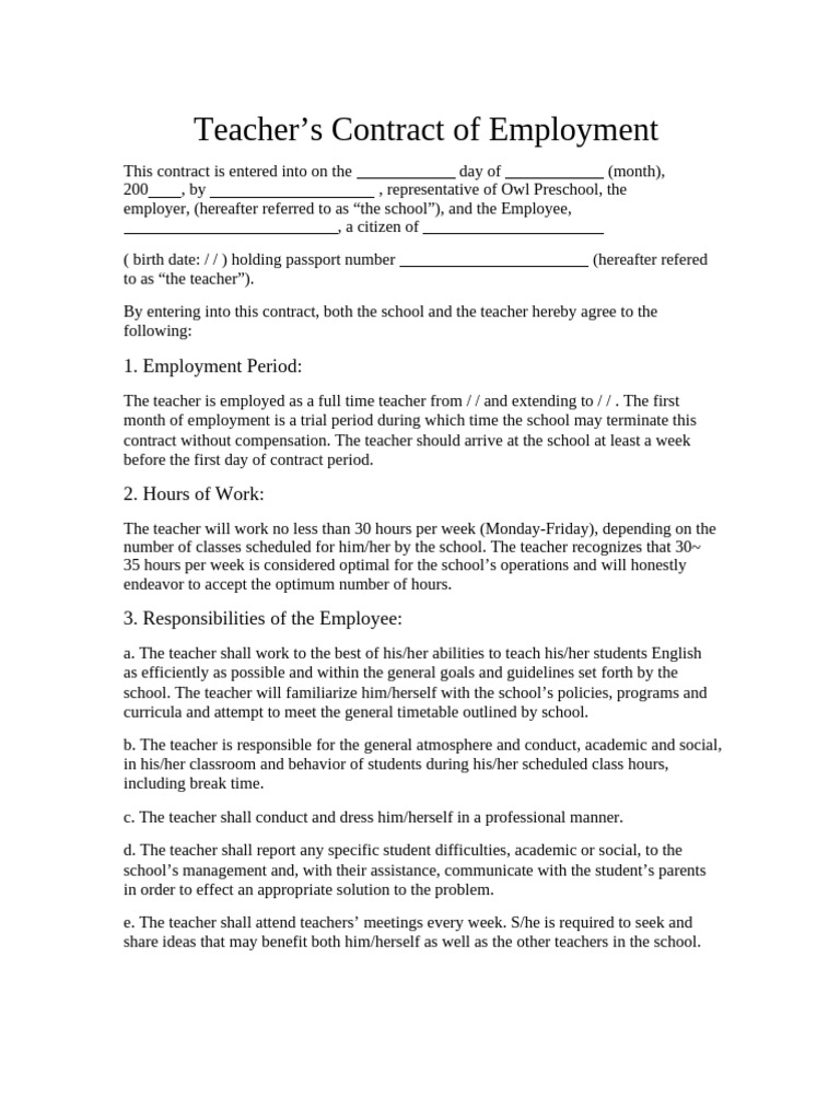 Preschool Teacher Agreement Contract | PDF