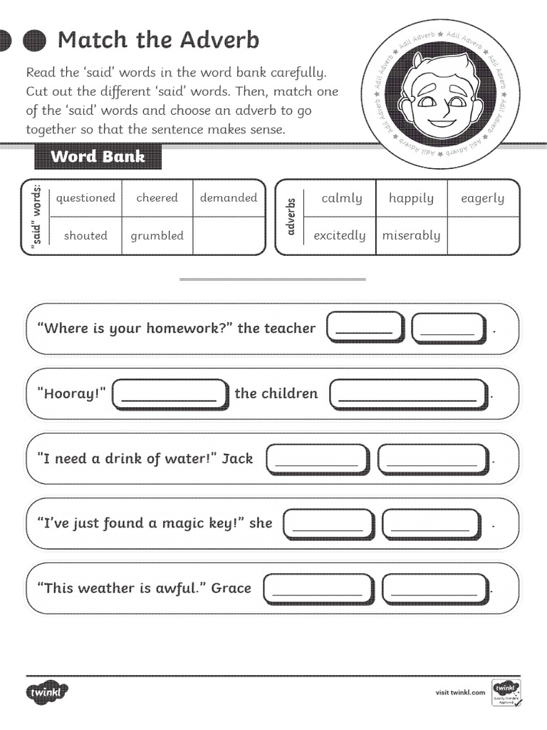 T L 54772a Adverb Matching Activity Sheet Super Eco Black and White ...