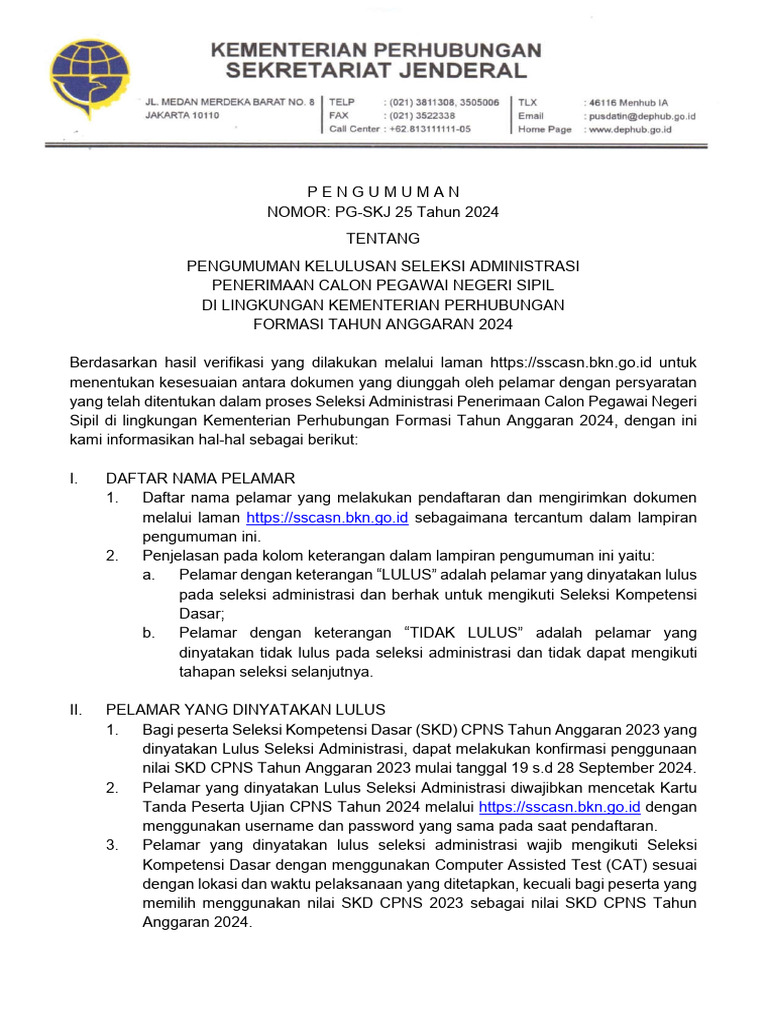 Pengumuman Seleksi Administrasi CPNS TA 2024 190924 | PDF