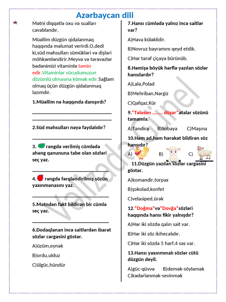 Vəlizadə Günel Sınaq 2ci Sinif.-1 | PDF