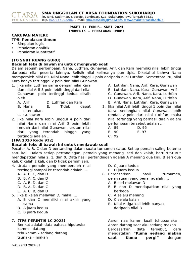 PAKET01 - Paket Numerik SNBT 2024 For Siswa | PDF