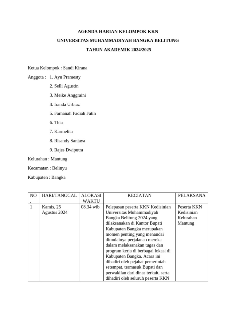 Agenda Harian Kelompok KKN | PDF