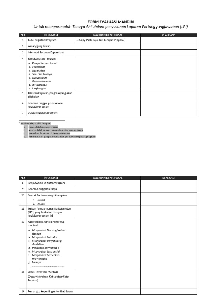 Template Form Evaluasi Mandiri TA (Optional Untuk Penggunaan Masing-Masing TA) | PDF