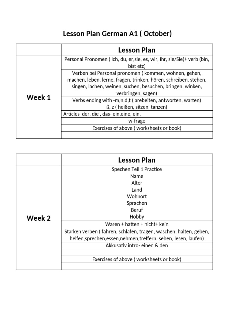 Lesson Plan German A1 Oct | PDF