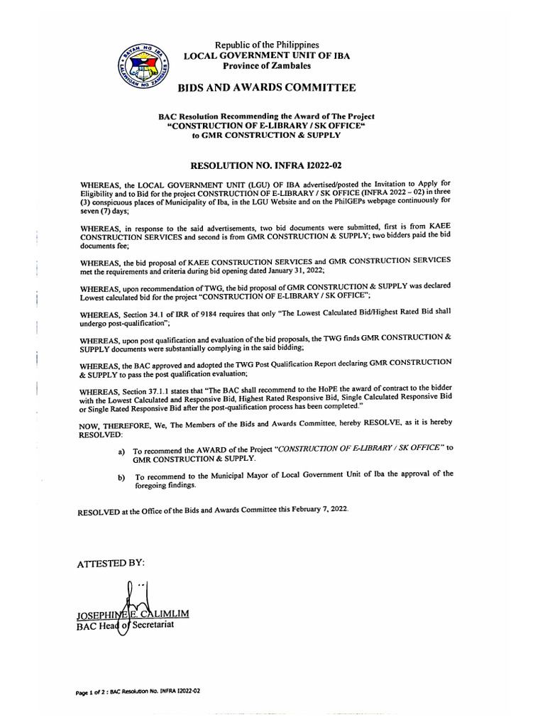 Bac Resolution For Construction of E-Library or SK Office | PDF