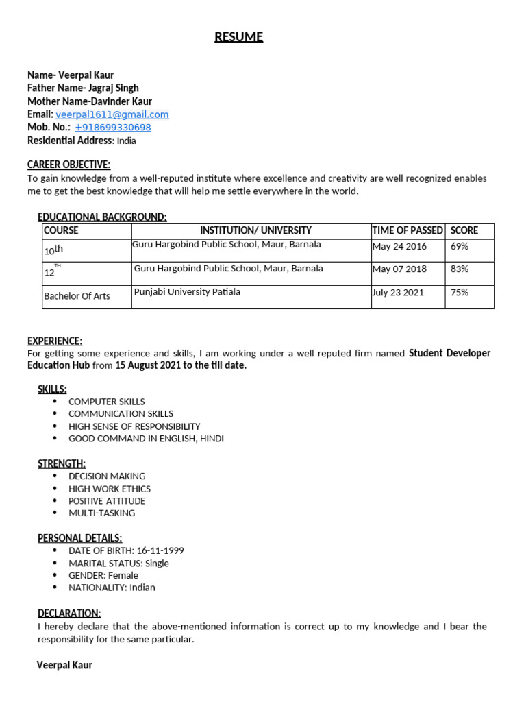 Veerpal Kaur Resume | PDF