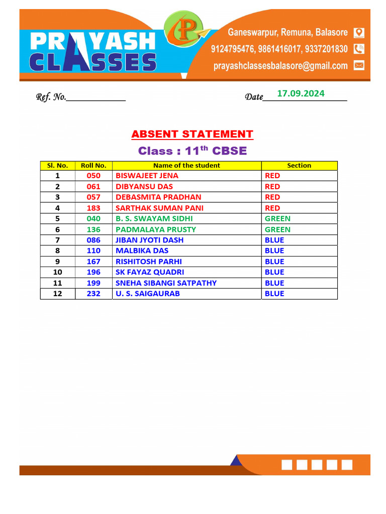 11th Absent Statement-17.09.2024 | PDF