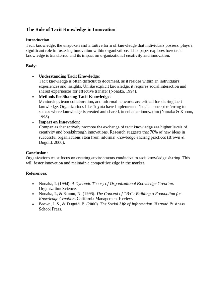 The Role of Tacit Knowledge in Innovation | PDF