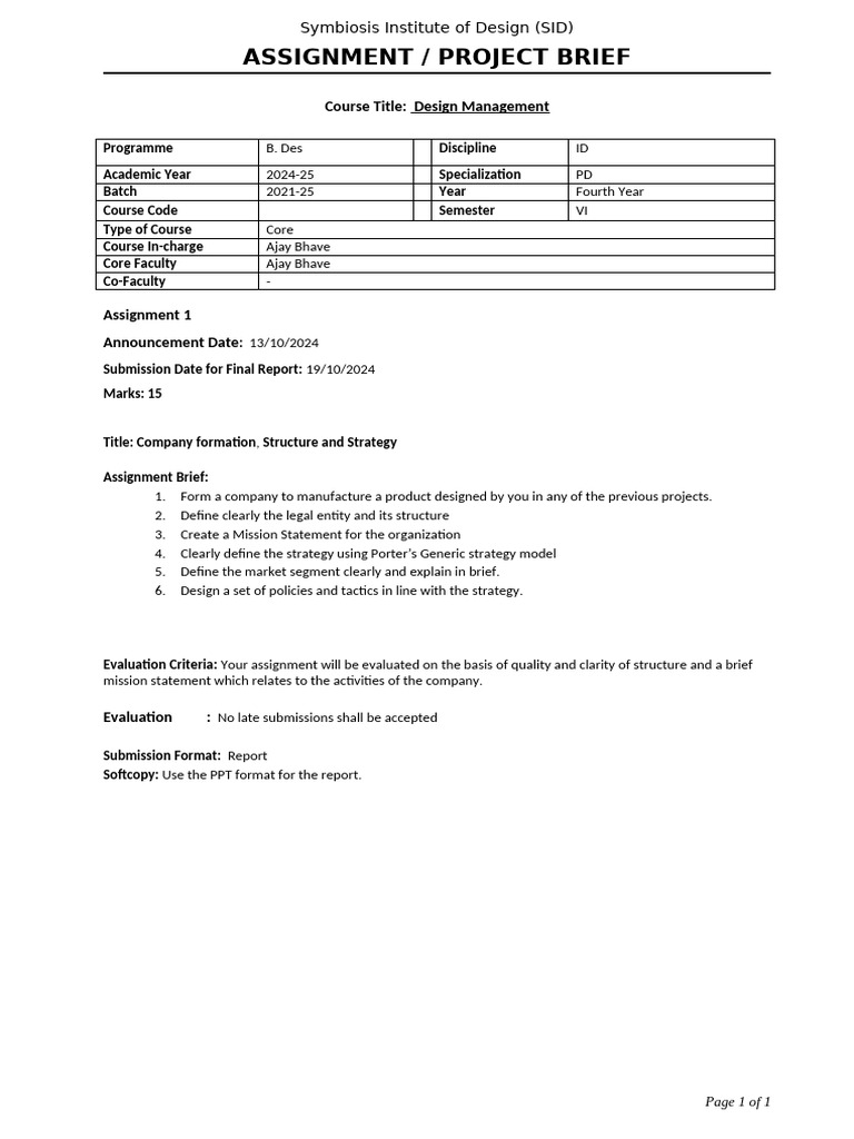 Tasksheet for Assignment 1 Design Management ...